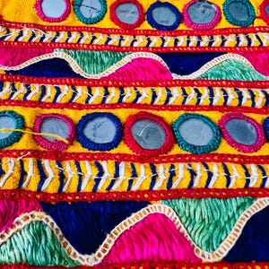 1920s Hand Embroidered Indian Textile, Glass Mirror Shisha Embroidery ...