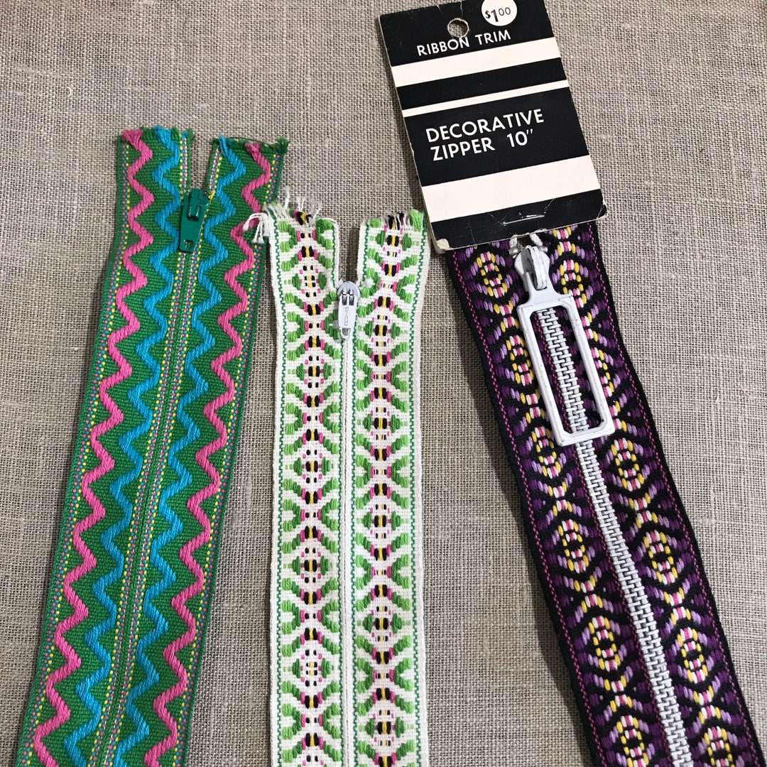 Last One! 1970s Novelty Zipper, 8" Green Braid Trimming, Vintage Zipper ...