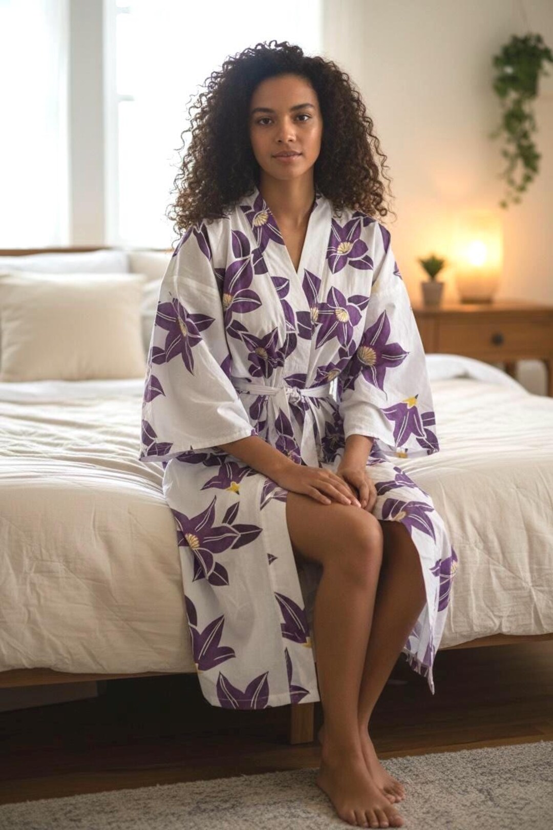 Japanese Yukata Robe - Purple Resist Dyed Floral Size M Roketsuzome ...
