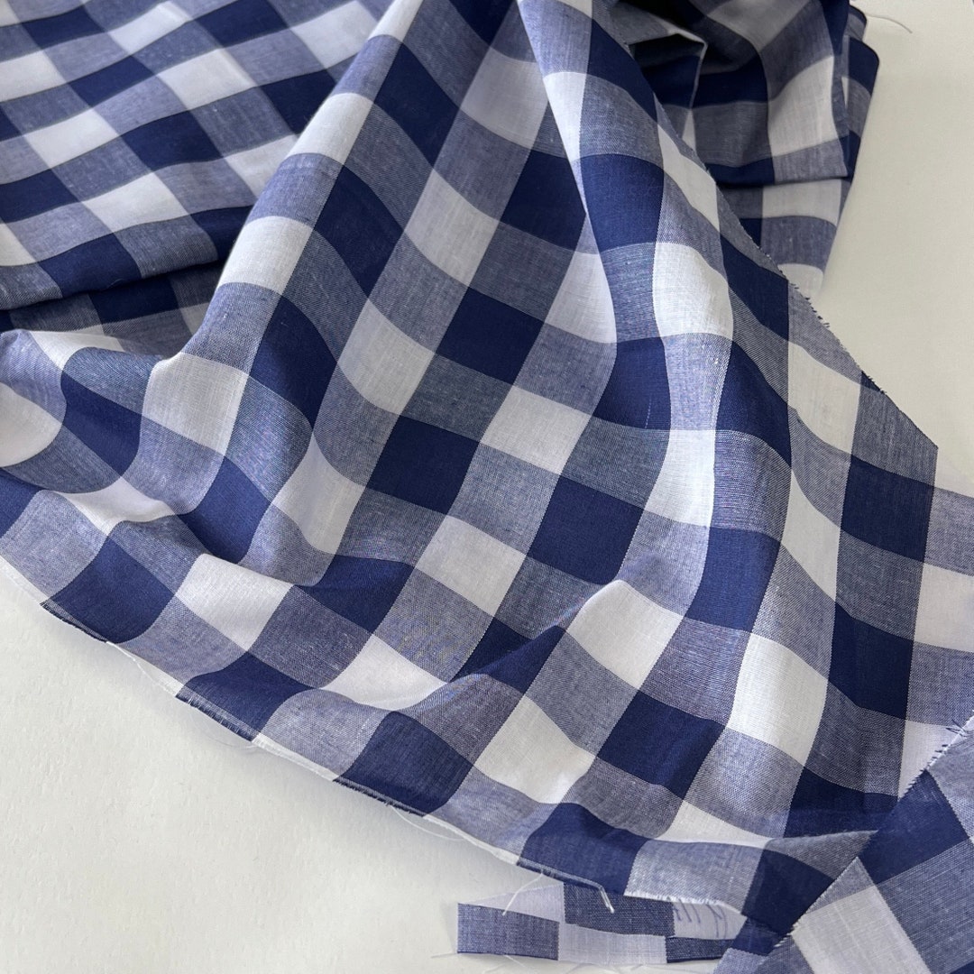 Blue Gingham Check Fabric, Navy Blue & White Lightweight Cotton Blend ...