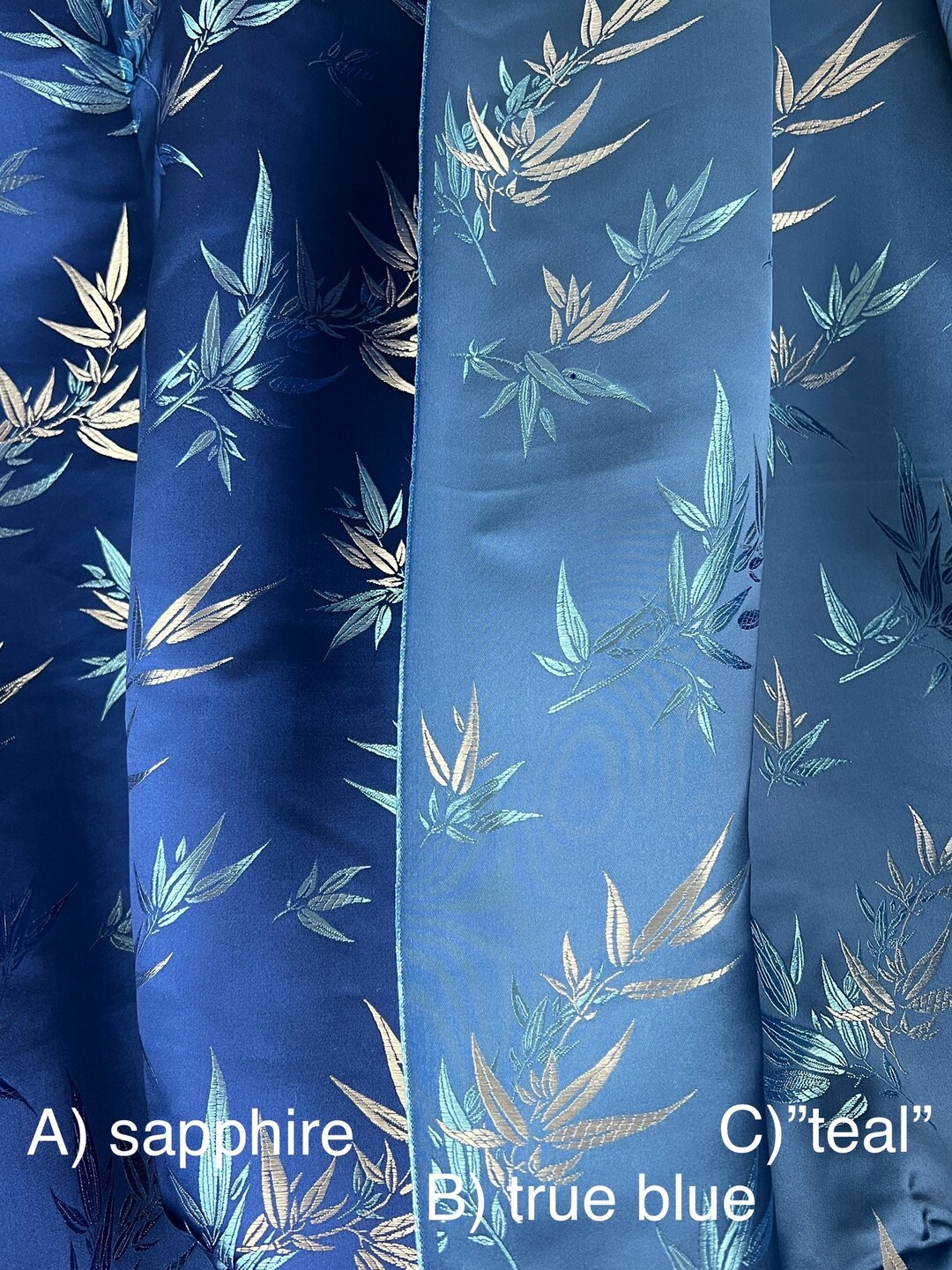 Vintage Asian Brocade Fabric, Blue Woven Bamboo Satin Jacquard in 3 ...