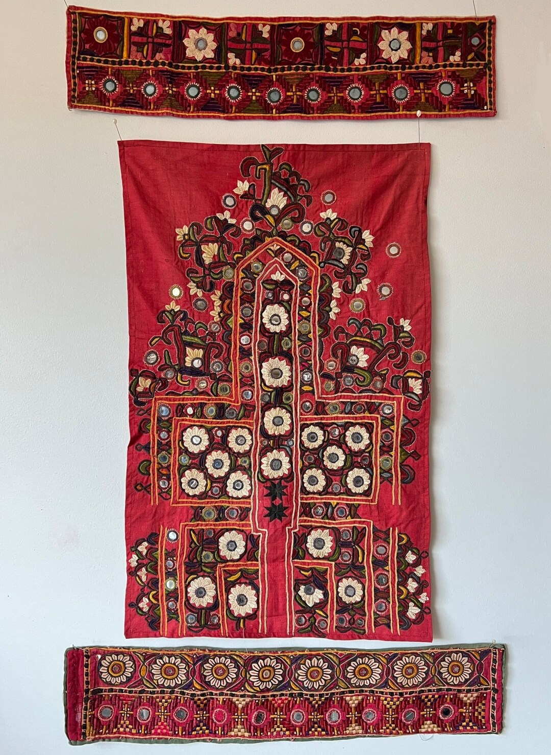 1920s Shisha Mirror Textiles, 3 Piece Antique Gujarati Decor Valances ...