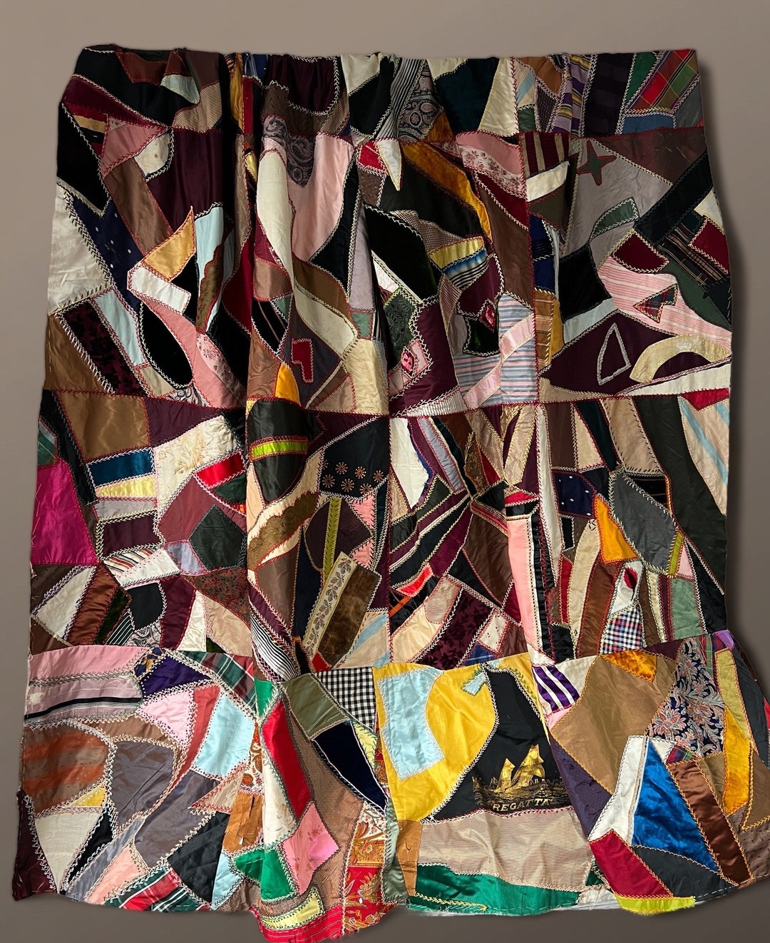 Victorian-era Embroidered Crazy Quilt: Silk, Brocade and Velvet ...