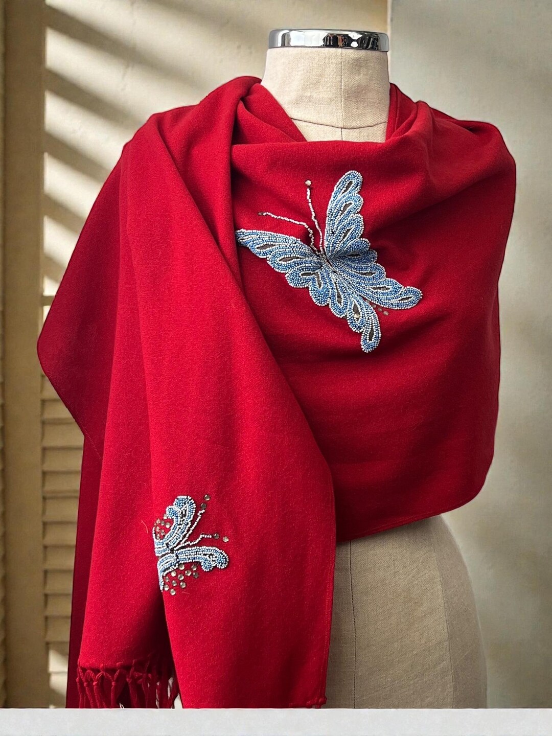 Antique Red Wool Shawl – Beaded Butterfly Embroidery, Fringe (AS IS ...