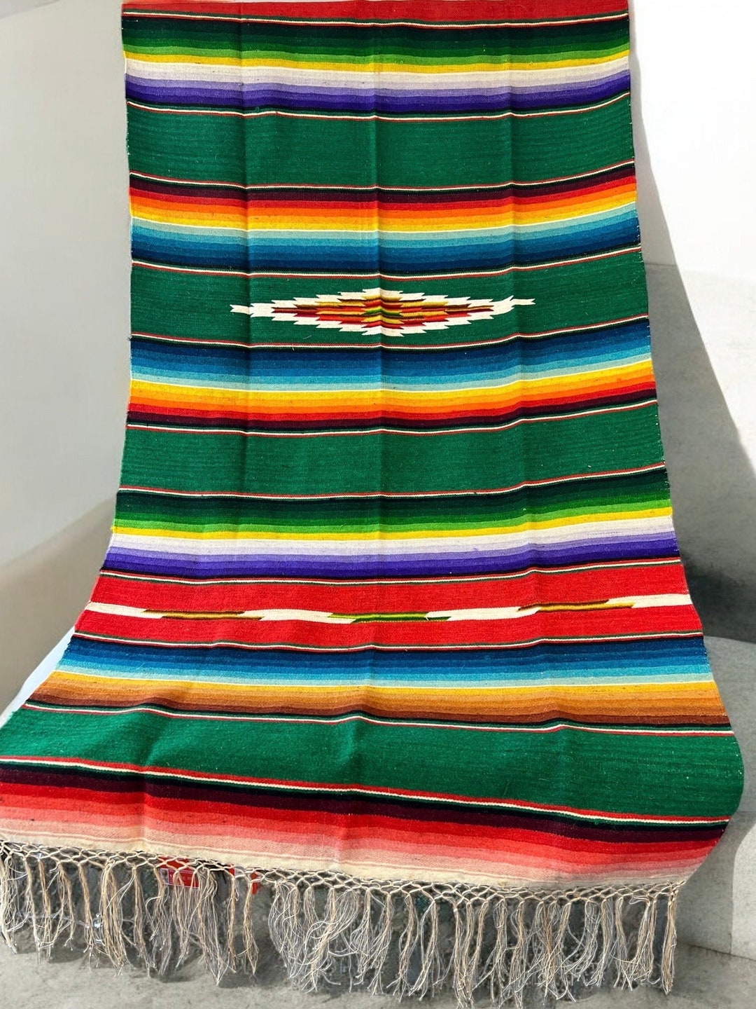 1940s Wool Serape Stripe Textile, 72" X 26 3/4" Handwoven Colorful ...