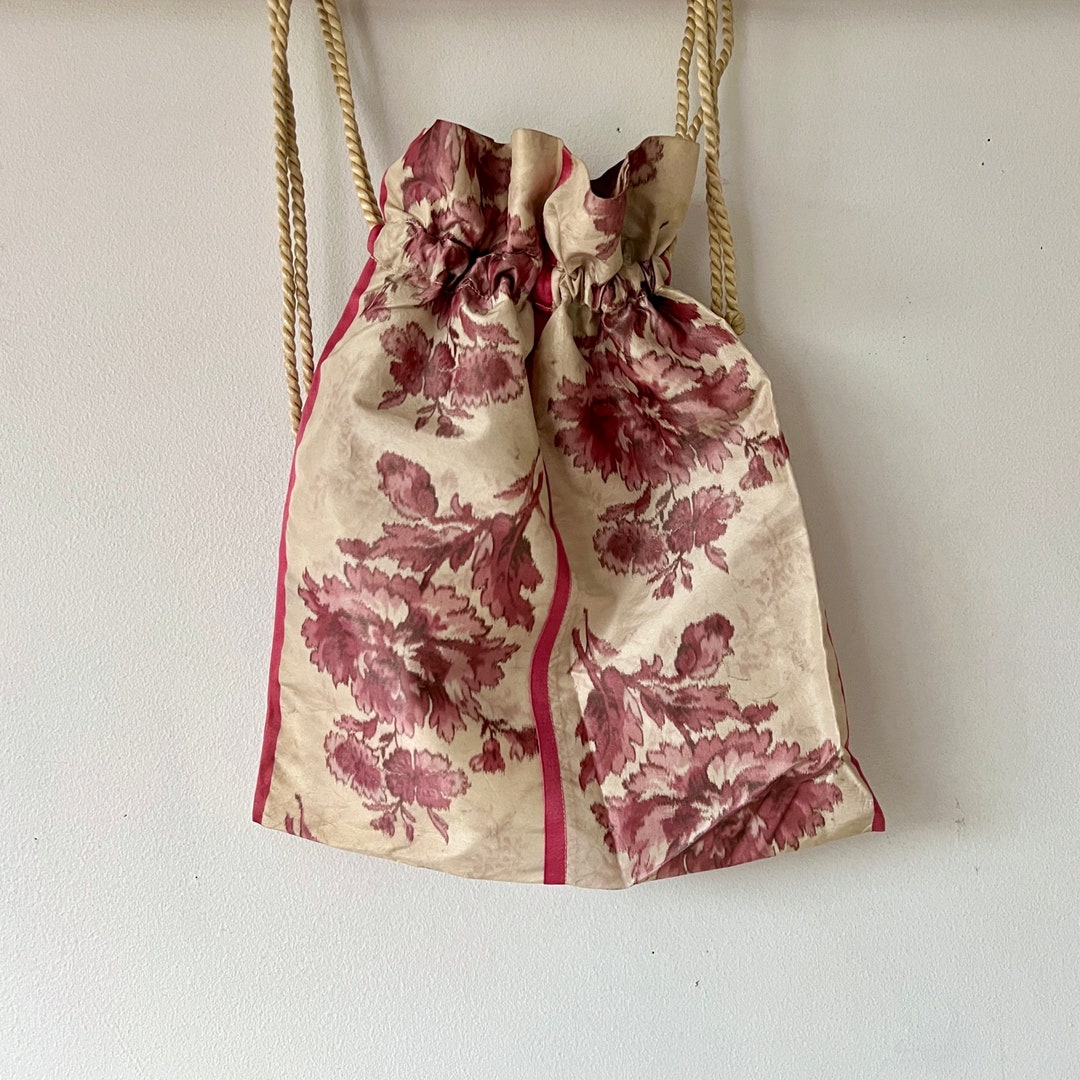 Antique Silk Drawstring Bag, Warp Printed Floral Ribbon Watered Silk ...