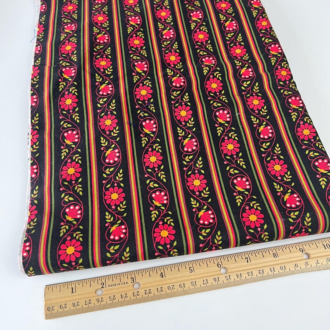 Bright Folk Floral Stripe Fabric by the Yard Black Cotton With Hot Pink ...