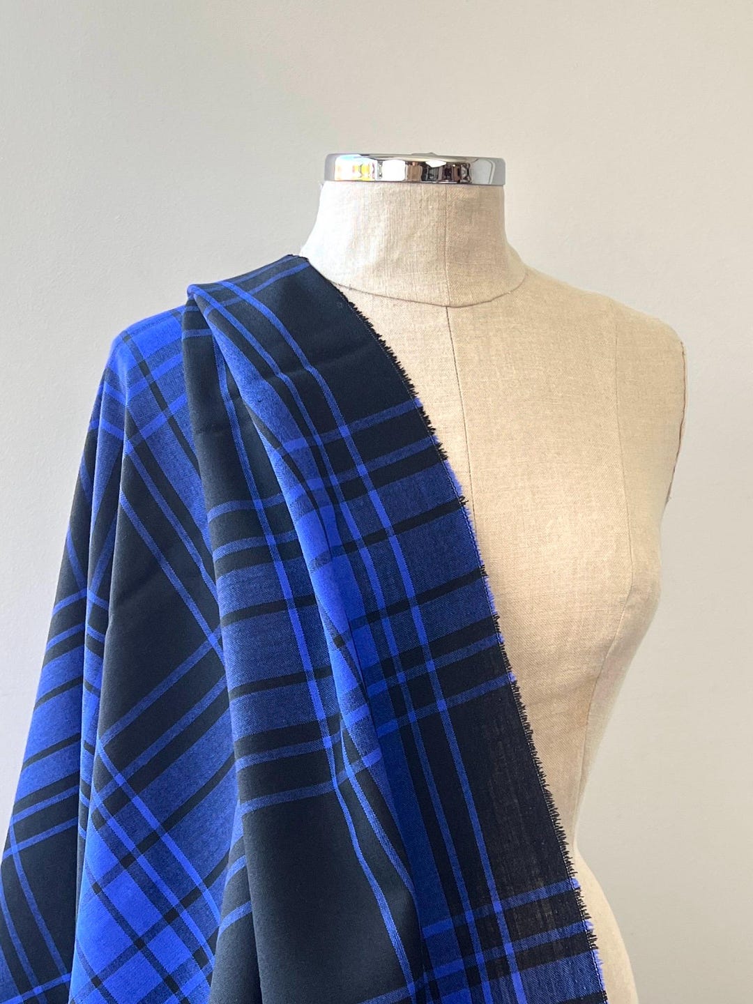 1980s Pure Wool Challis Bright Blue and Black Large Scale Plaid Fabric ...