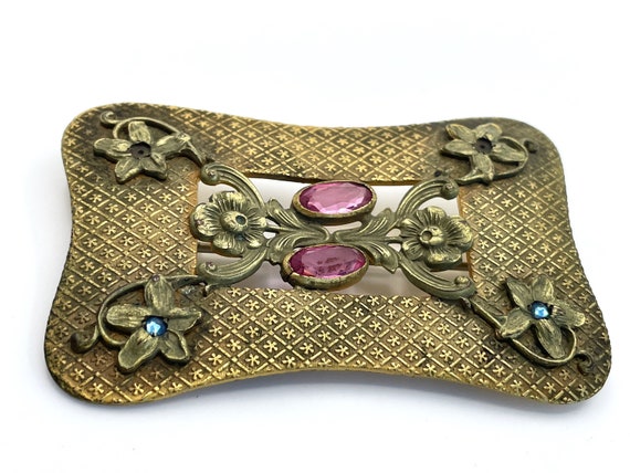 Vintage Brass Sash Pin, Victorian Buckle - Gem