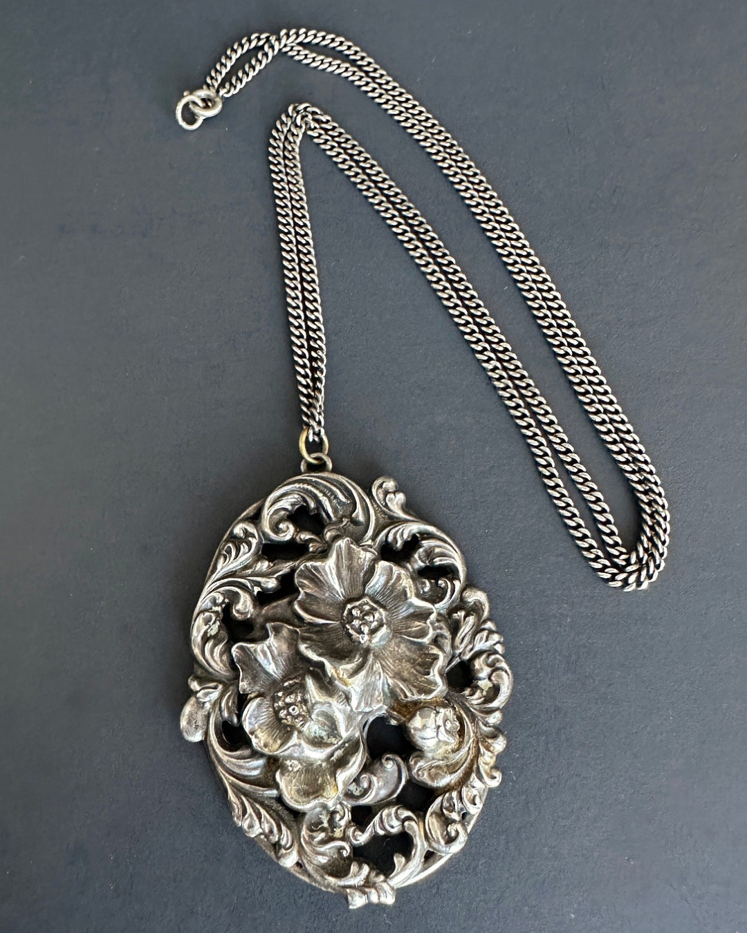 Vintage Floral Silver Plate Pendant on Sterling Chain - Etsy