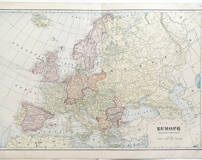 Large Vintage Map of Europe Circa 1880s Color Atlas Beautiful Colors ...