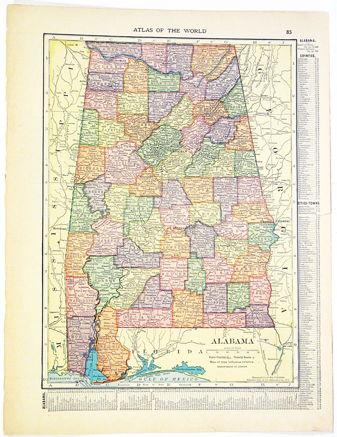 Original 1910 Color Atlas Map of Alabama by C.S. Hammond Map | Etsy