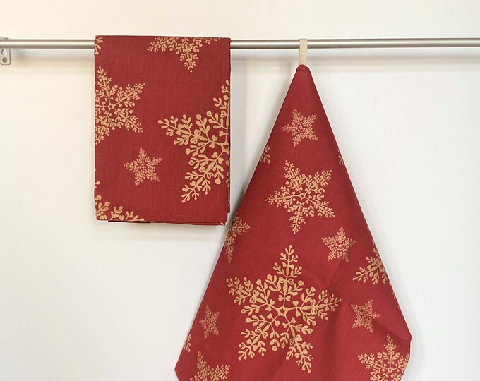 Kitchen Towel Tea Towel Dish Towel Christmas Towel Red Gold Snowflakes ...