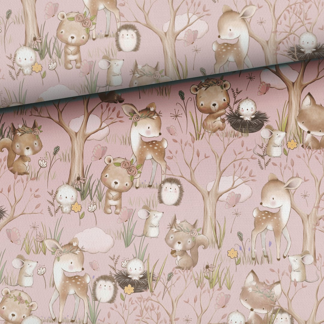 Baby Forest Pink, Little Baby Animals Fabric Cotton Fabric for Sewing ...