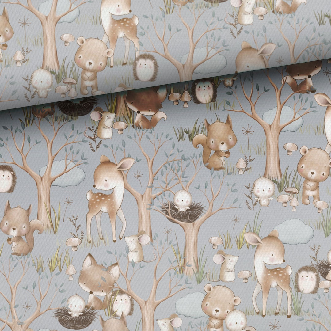 Baby Forest Blue, Little Baby Animals Fabric Cotton Fabric for Sewing ...