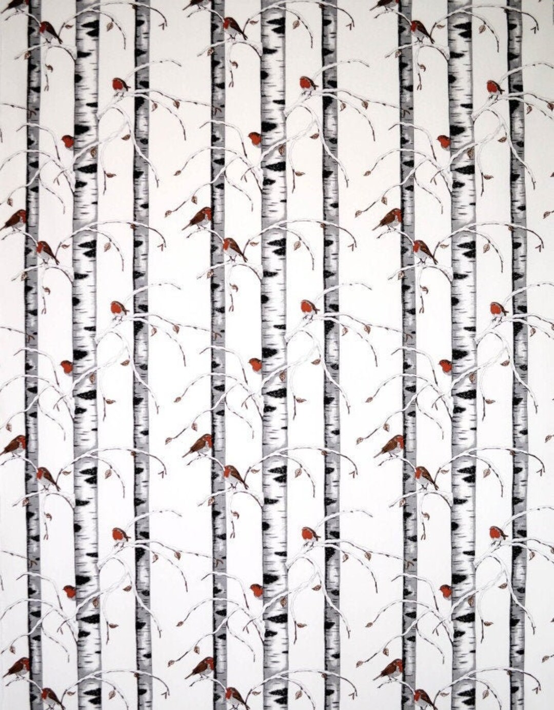 Scandinavian Cotton Canvas Fabric Birds Tree Robins Bullfinches Fabric ...