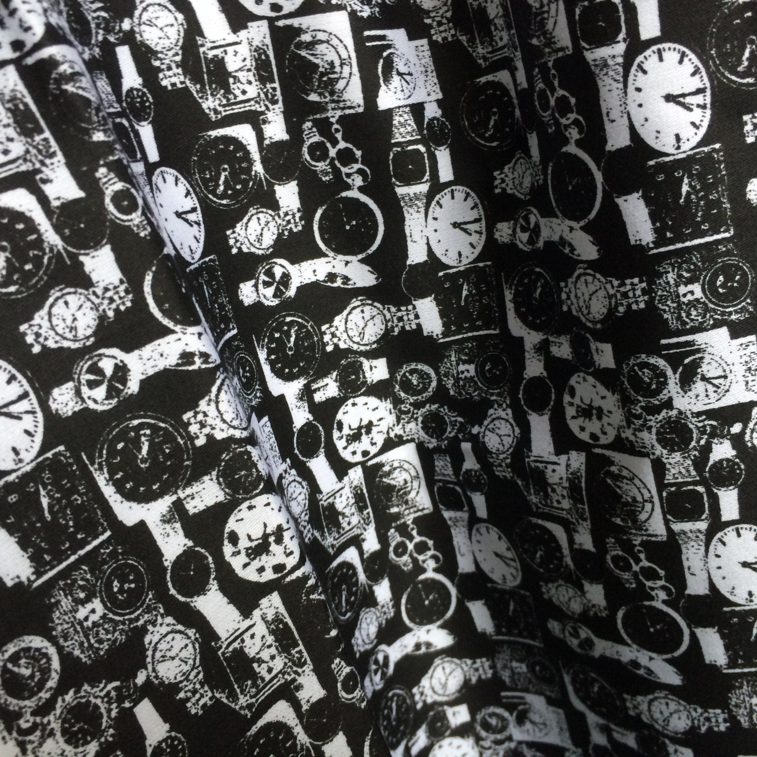 Cotton fabric Watches Clocks Black and White 59 inches | Etsy