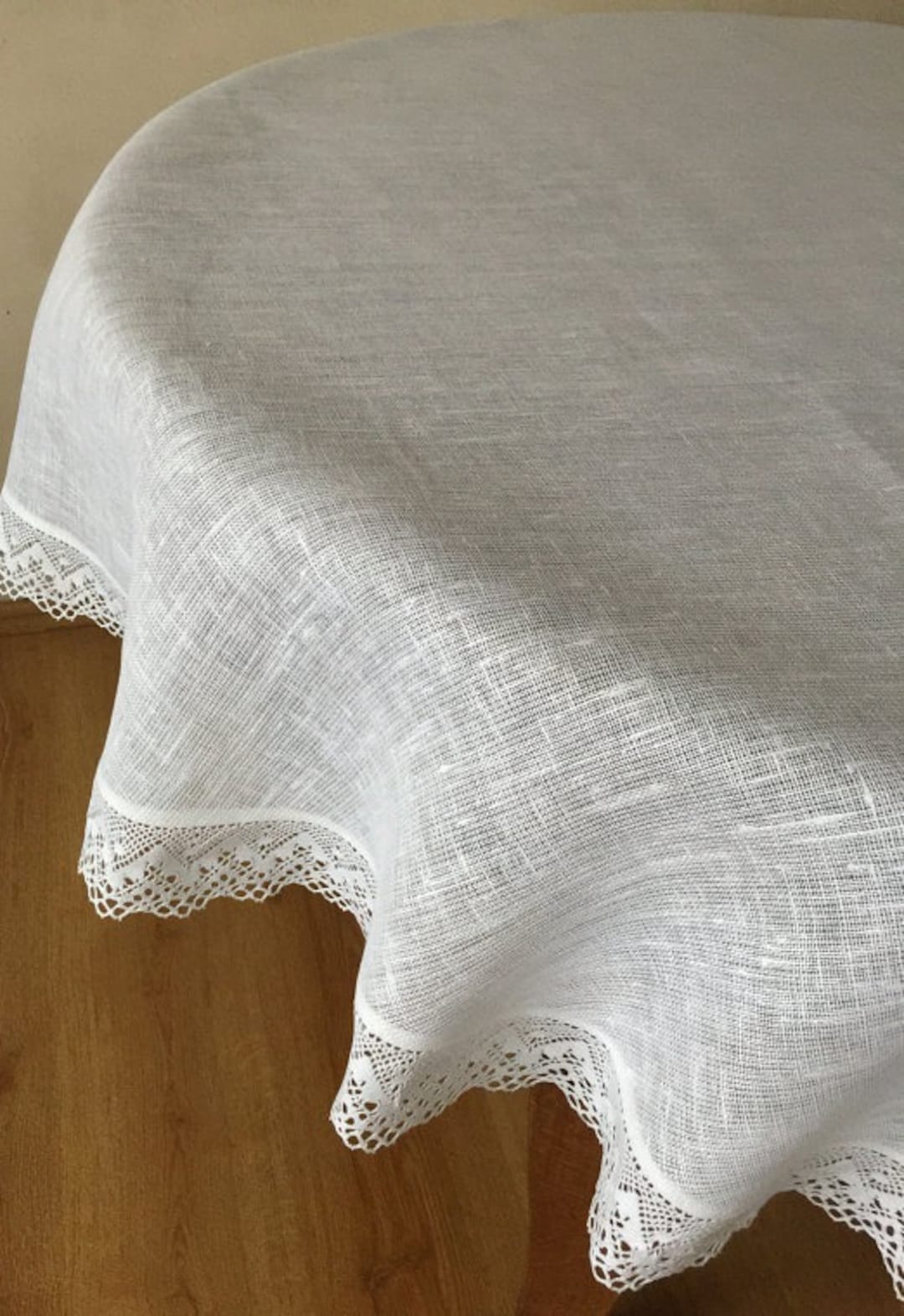 Linen Tablecloth Round White With Linen Lace Trim - Table Linens ...