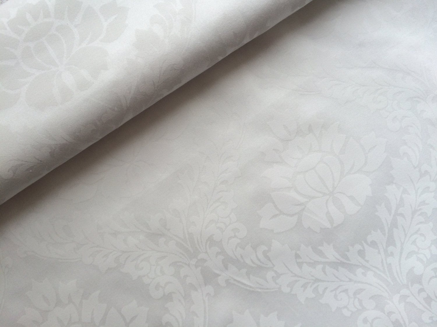 White Cotton sateen fabric Damask print Damask pattern | Etsy