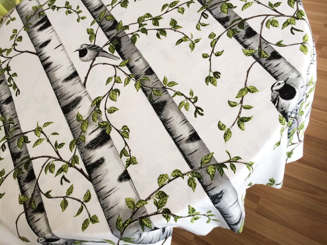 Round Tablecloth Table Linens - Cotton Fabric Birds Trees - 145cm / 57 ...