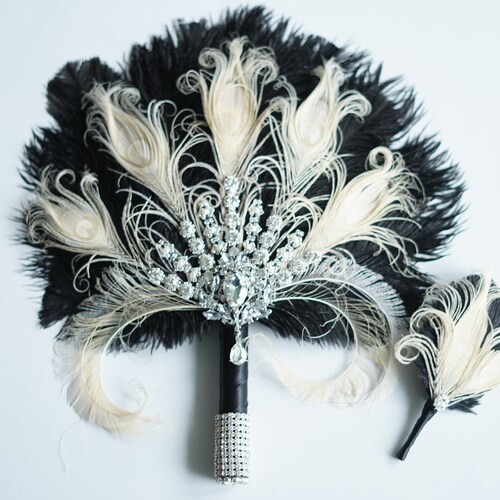 Gold Bridal Fan Bouquet Ostrich Big Alternative Feather Brooch - Etsy