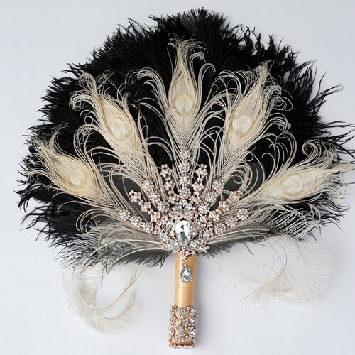 Gold Bridal Brooch Bouquet Ostrich Big Alternative Feather Fan - Etsy