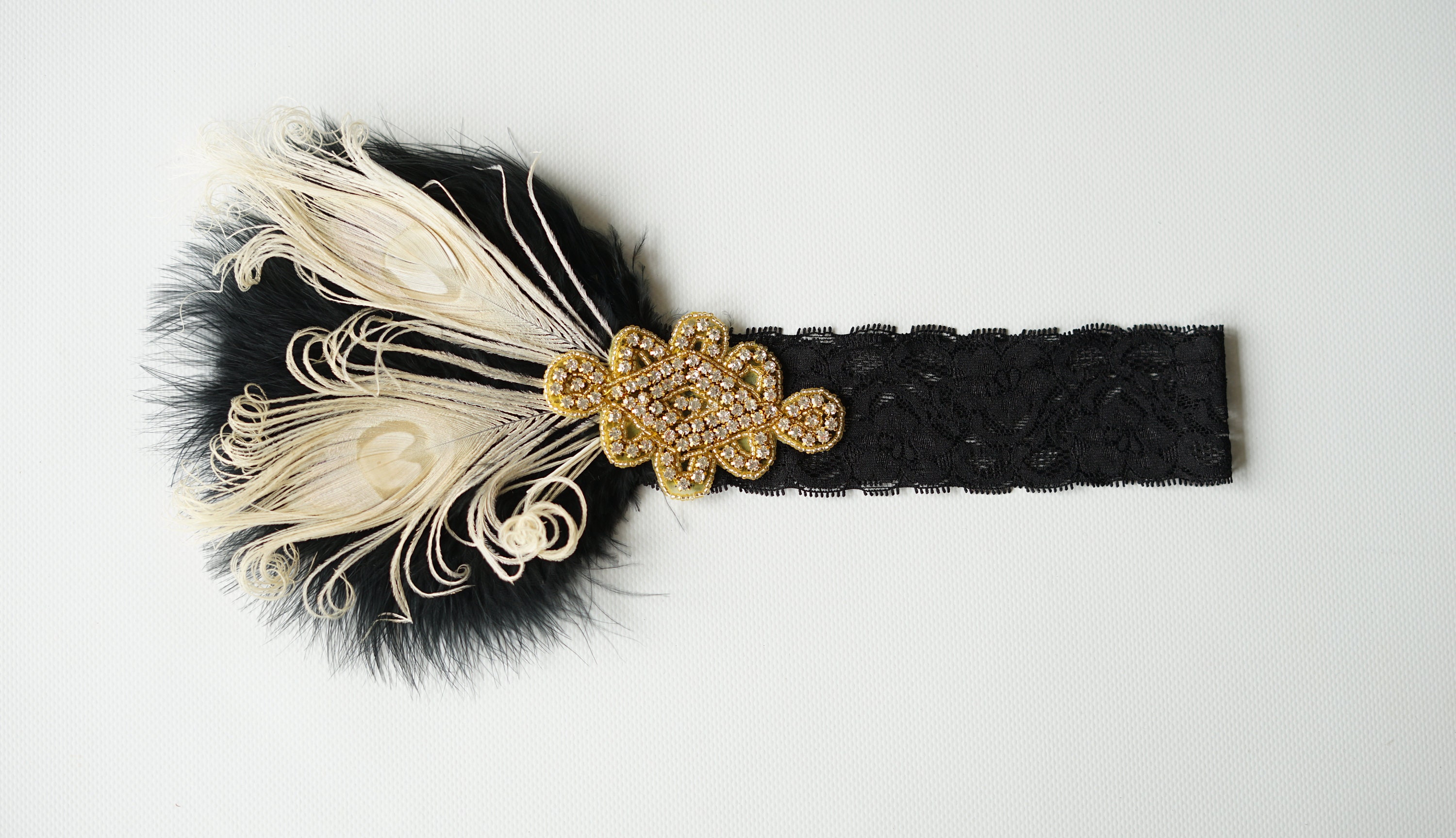 Flapper Lace Rhinestone Feather Headband 1920'sfeather | Etsy