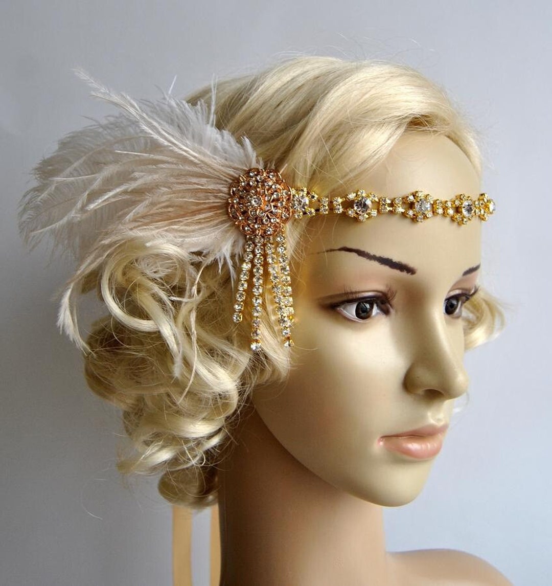 Gold Rhinestone Headband Headpiece With Feathers,great Gatsby Headband ...