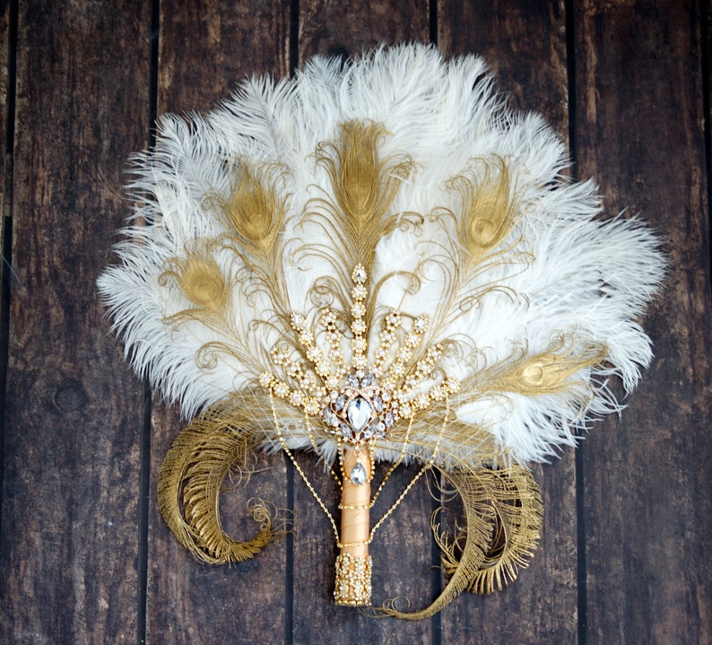 Gold Black Bridal Fan, Brooch Bouquet Fan, Ostrich Alternative Feather ...