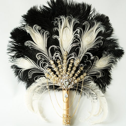 Gold Bridal Fan Bouquet Ostrich Big Alternative Feather Brooch - Etsy