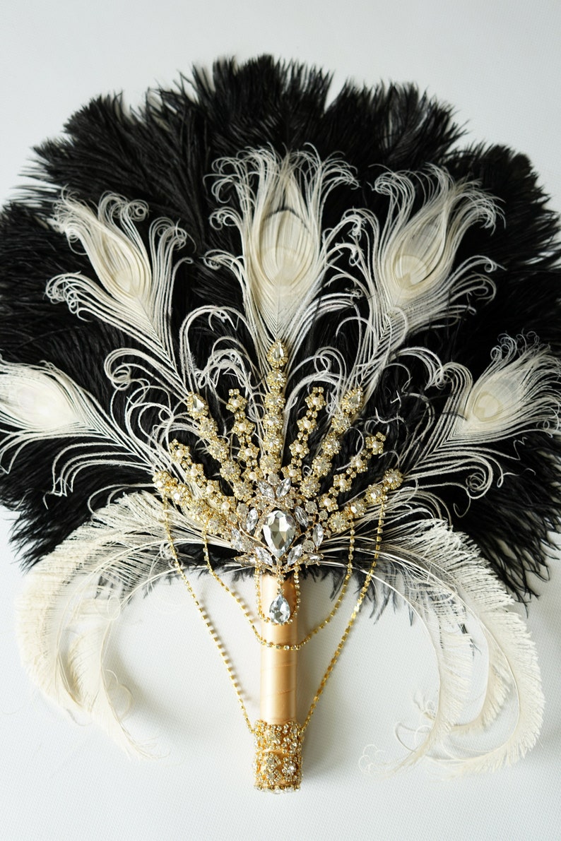 Gold Black Bridal Fan Brooch Bouquet Fan Ostrich Big Alternative ...