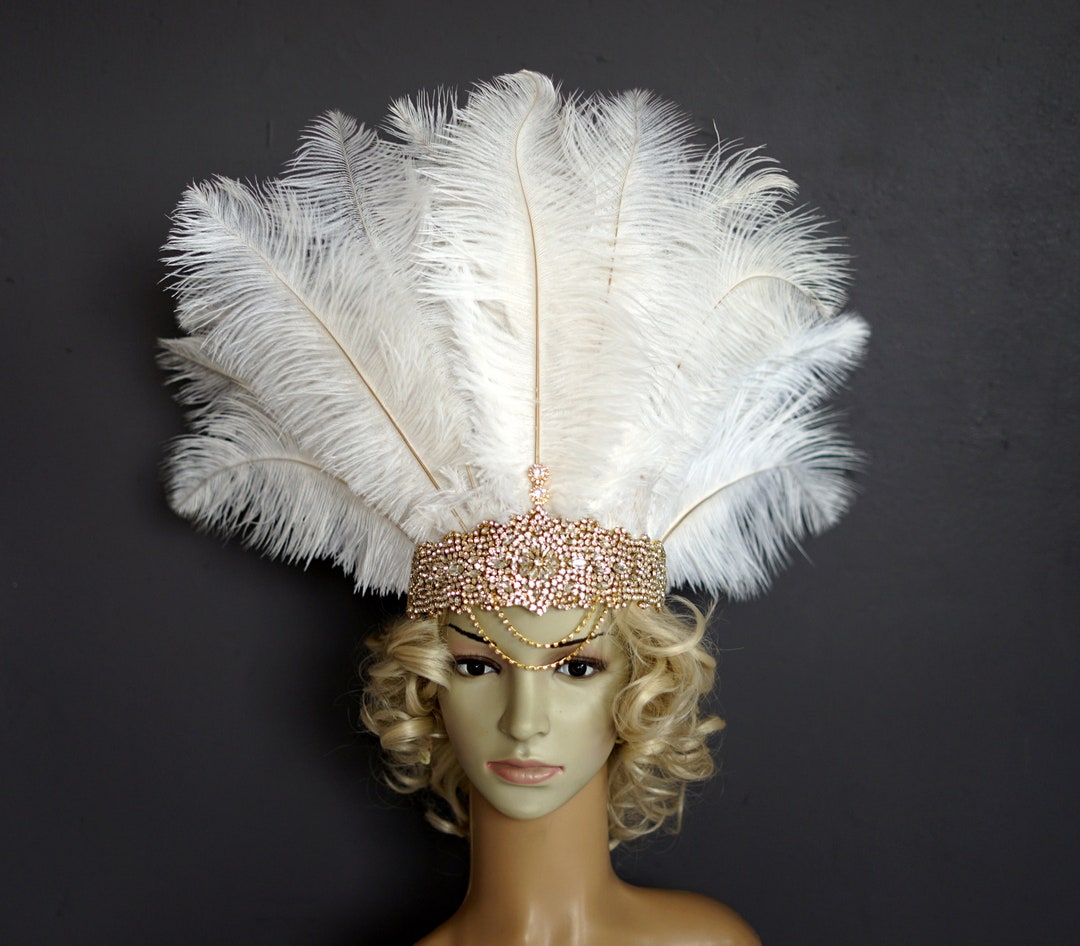 Big Crystal Feather Carnival Headdress, Gold Gatsby Flapper Headband ...