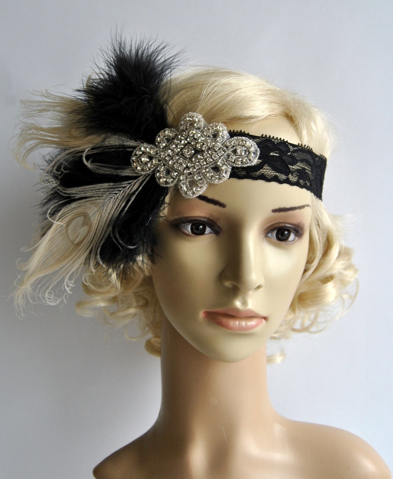 Flapper Lace Rhinestone Feather Headband 1920'sFeather | Etsy