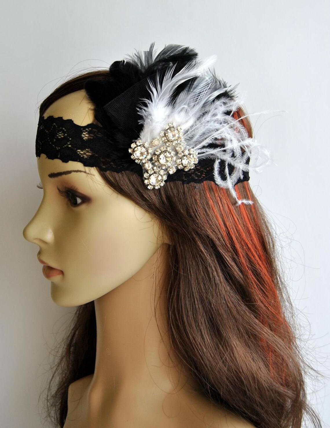 Flapper Lace Rhinestone Feather Headband The Great Gatsby | Etsy