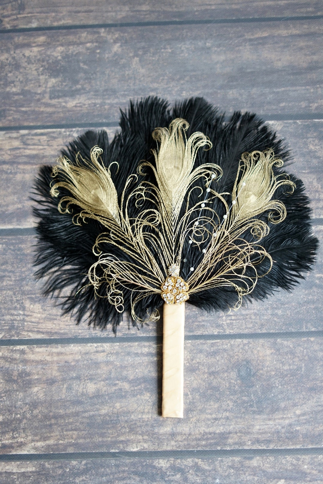 Black Gold Feathers Fan Bridesmaid Bridal Fan Ostrich Feather Fan ...
