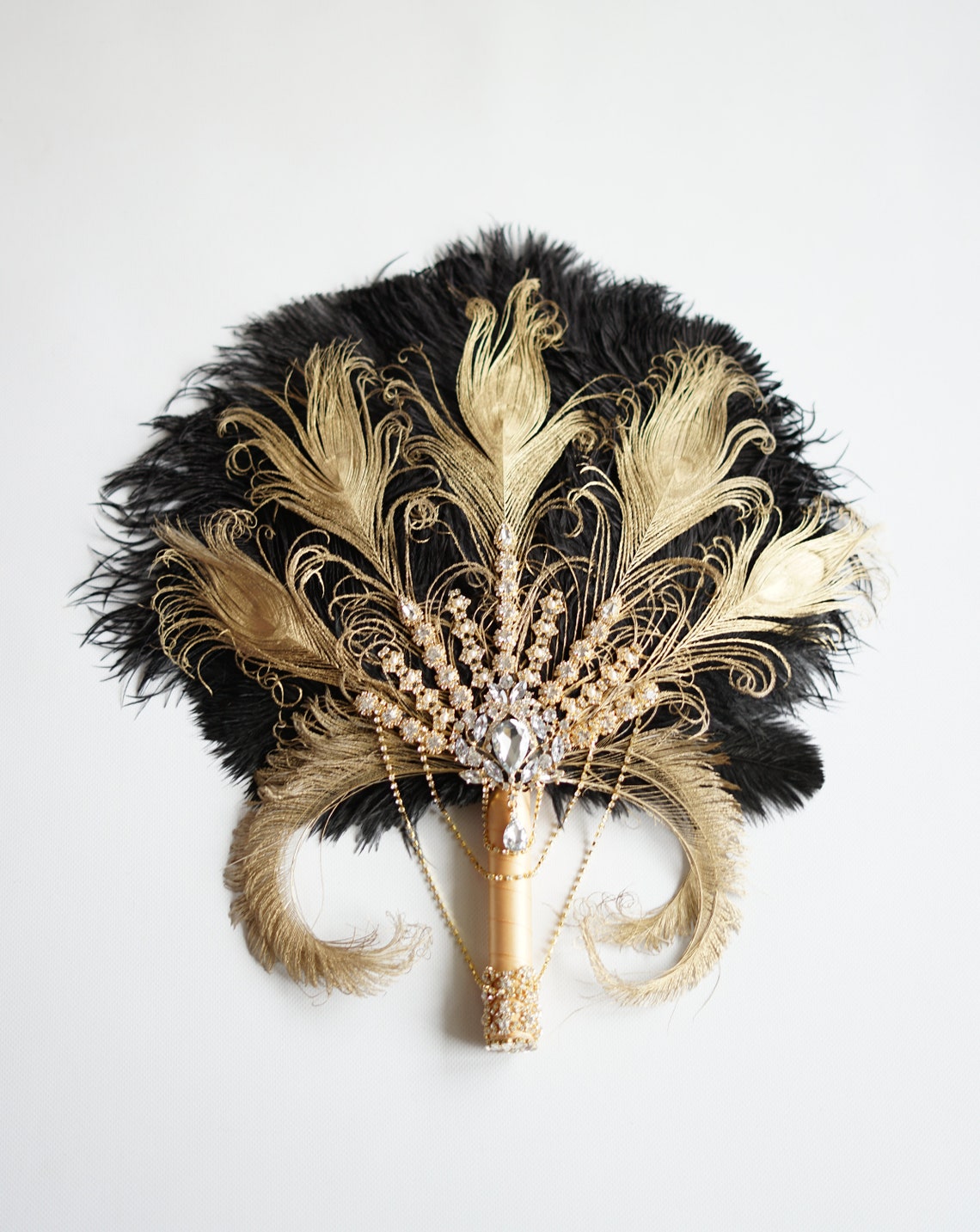 Gold Black Bridal Fan, Brooch Bouquet Fan, Ostrich Alternative Feather ...