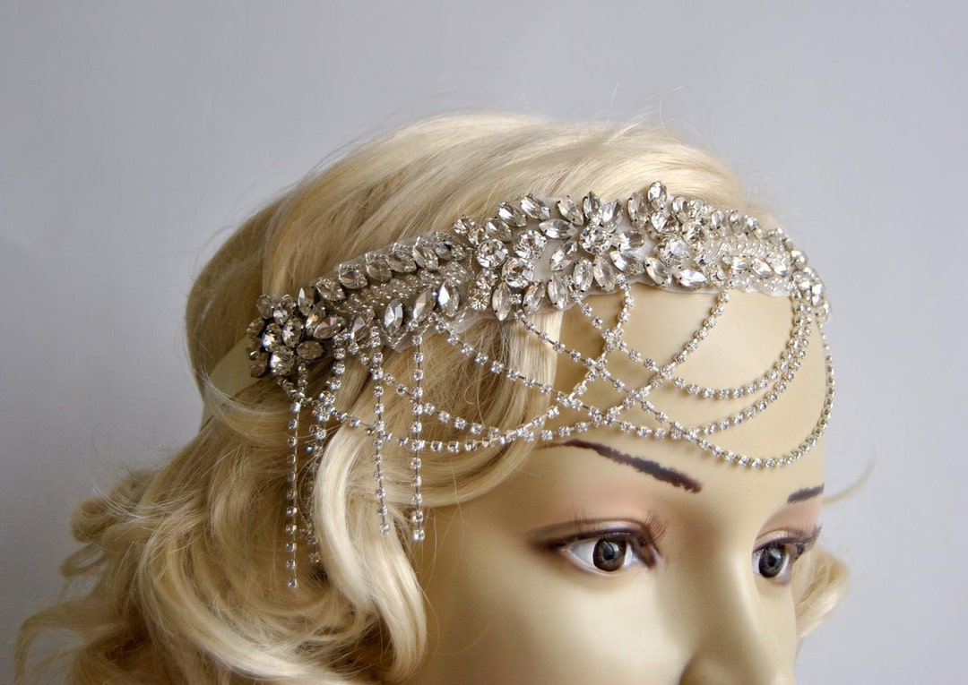 Glamour Rhinestone Flapper Gatsby Headband, Chain 1920s Wedding Crystal ...