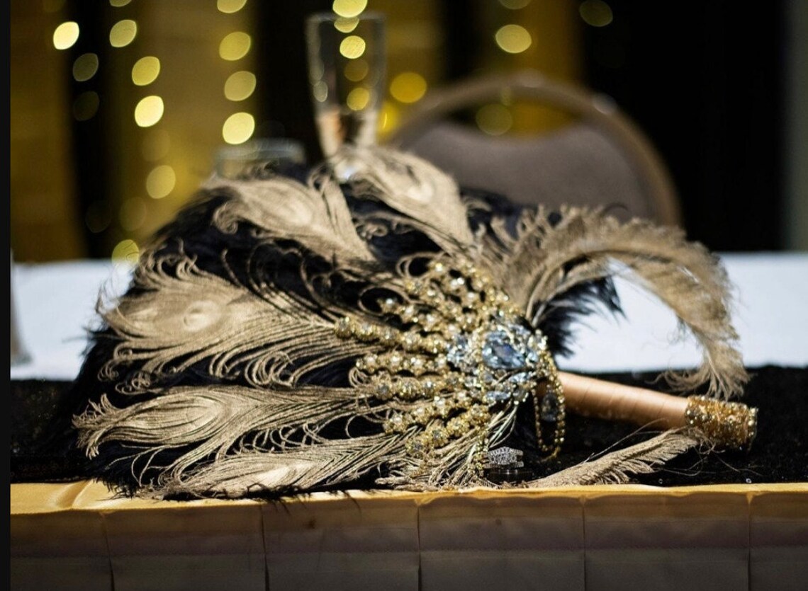 Gold Black Bridal Fan, Brooch Bouquet Fan, Ostrich Alternative Feather ...