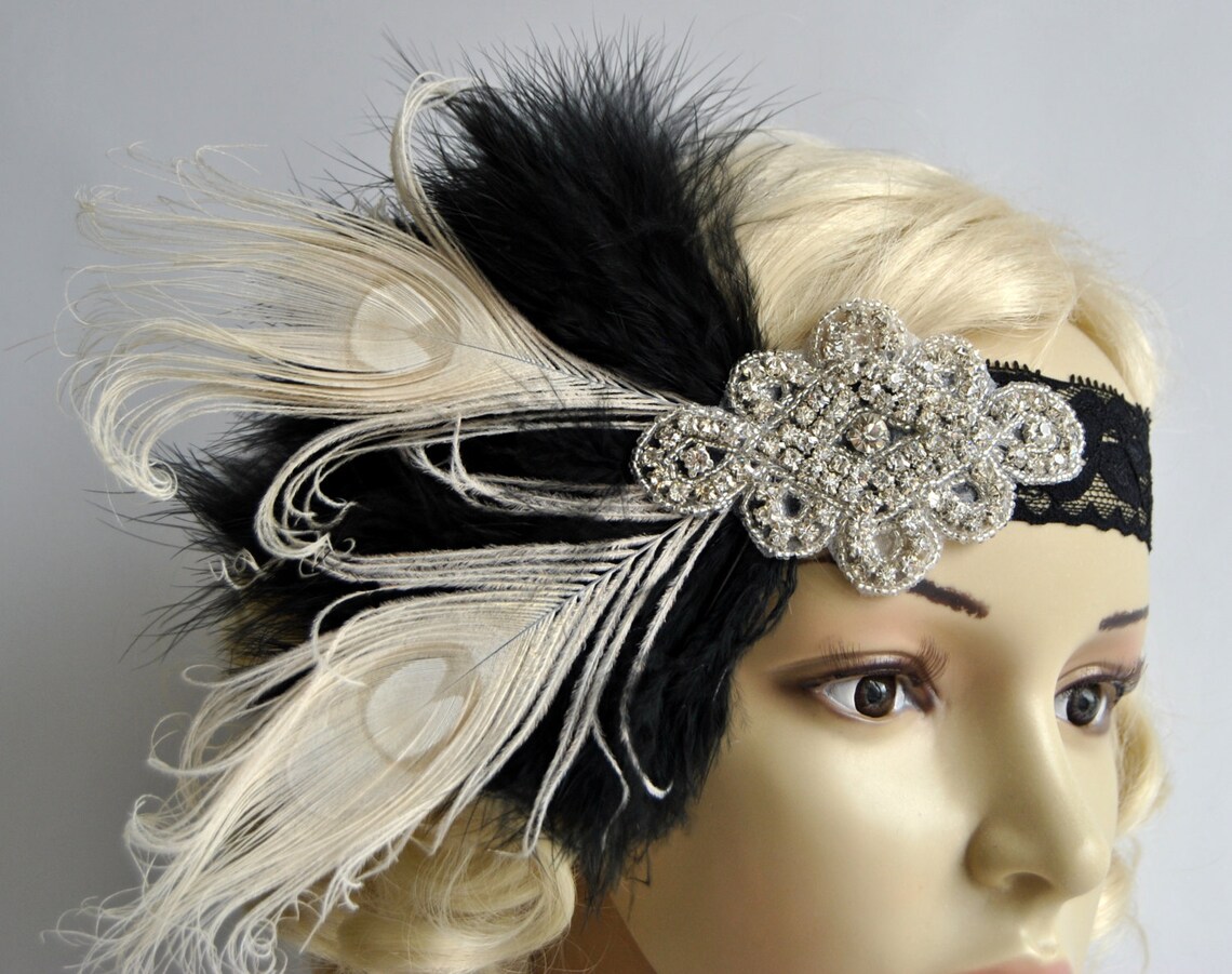 Flapper Lace Rhinestone Feather Headband 1920'sfeather | Etsy