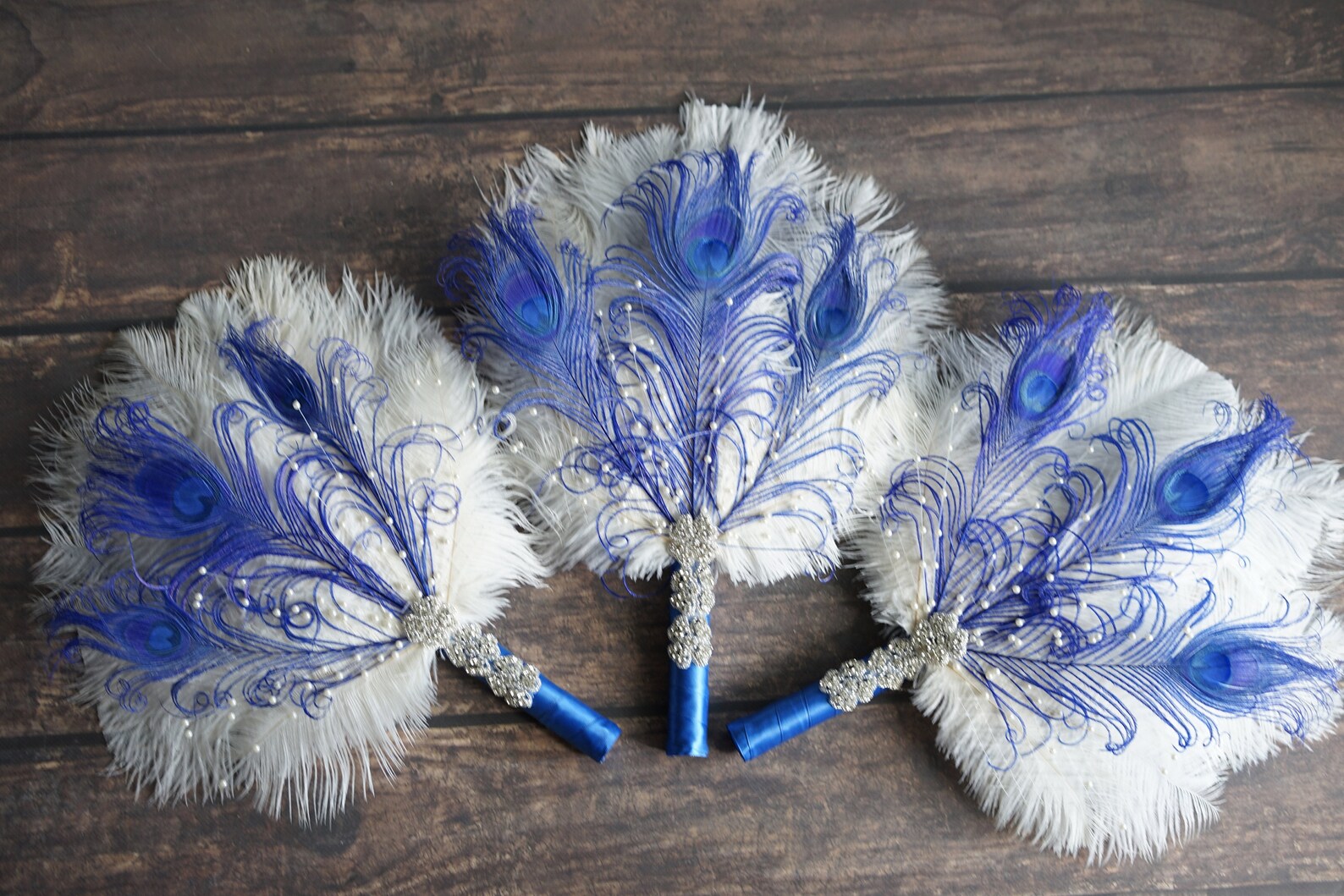 Royal Blue Pearls Bridal Feather Fan Ostrich Feather Fan | Etsy