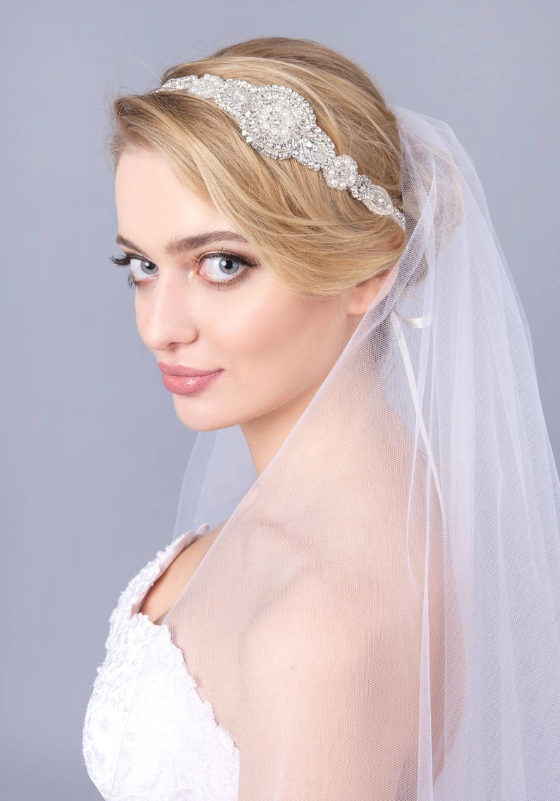 Long Bridal Headband Crystal Pearls Rhinestone Wedding Etsy