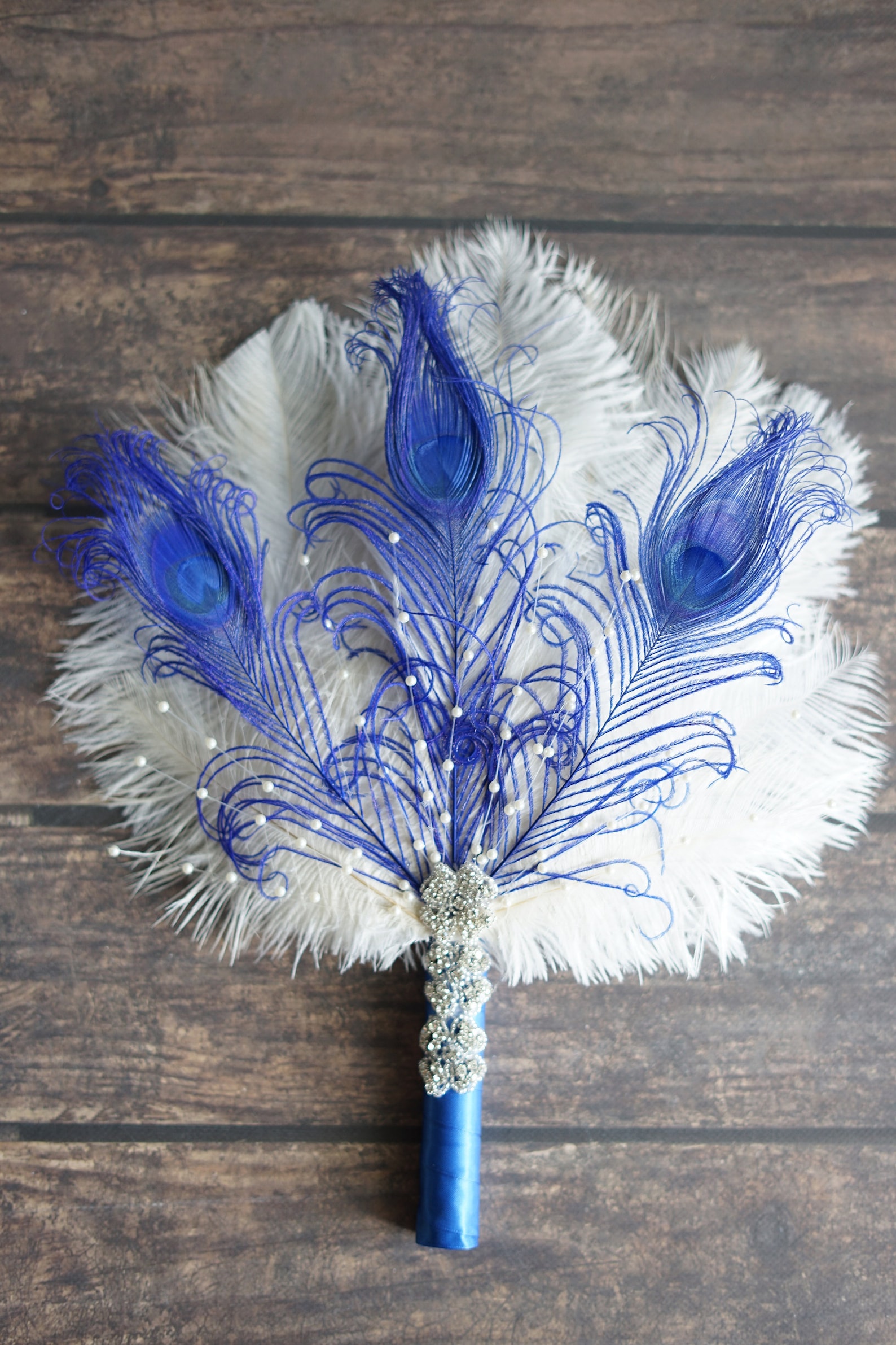 Royal Blue Pearls Bridal Feather Fan Ostrich Feather Fan | Etsy