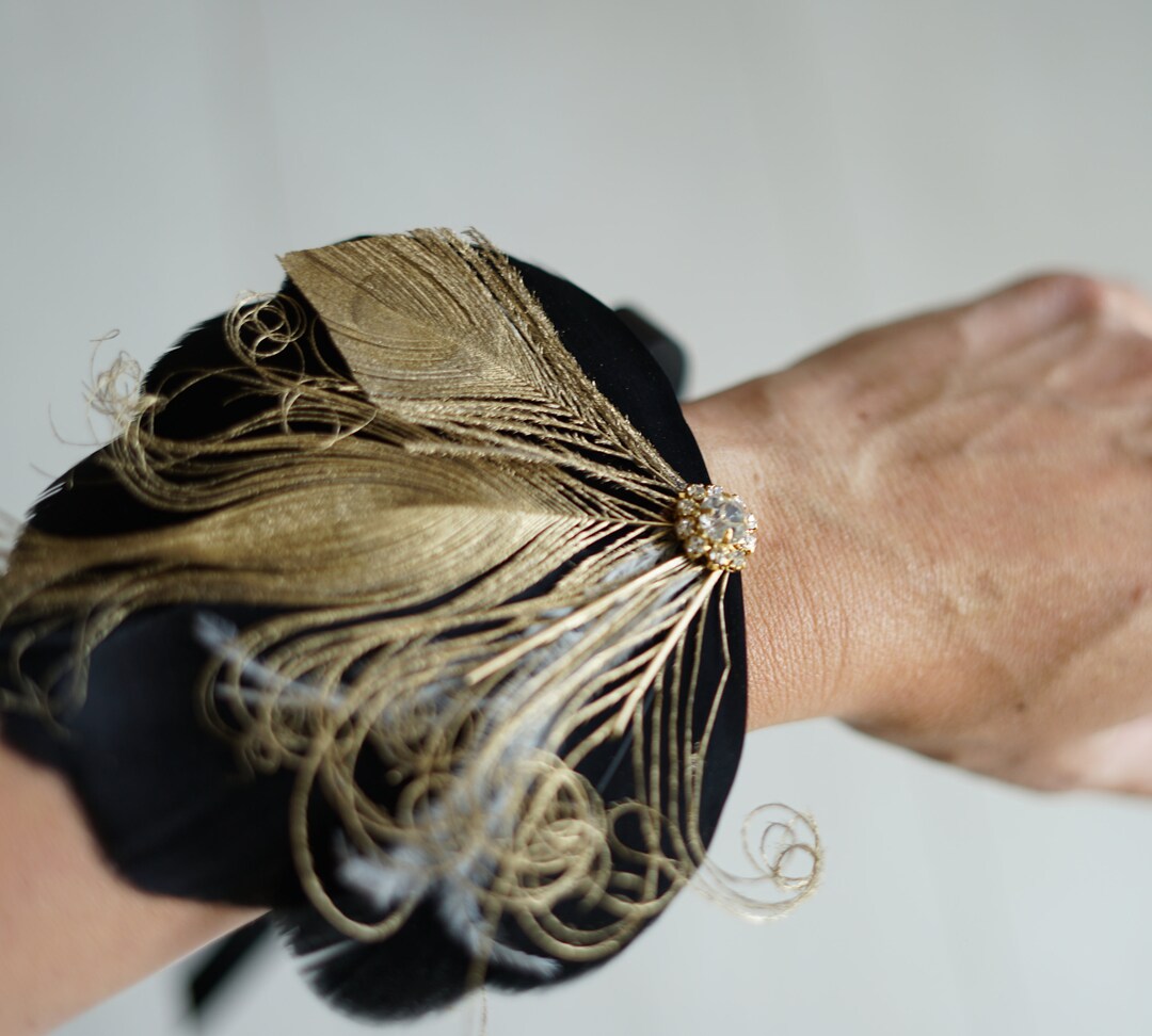 Gold Black Crystal Corsage, Gatsby 1920s Wedding Wristlet Feathrs ...