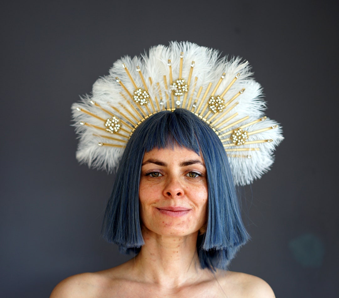 Feather Crystal Halo Crown, Gold Halo Crown, Feather Halo Headpiece ...