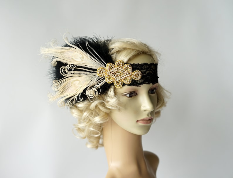 Flapper Lace Rhinestone Feather Headband 1920'sfeather - Etsy