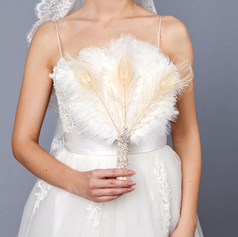 Bridal Feather Fan Peacock Fan Bridal Bouquet Ivory Gatsby - Etsy