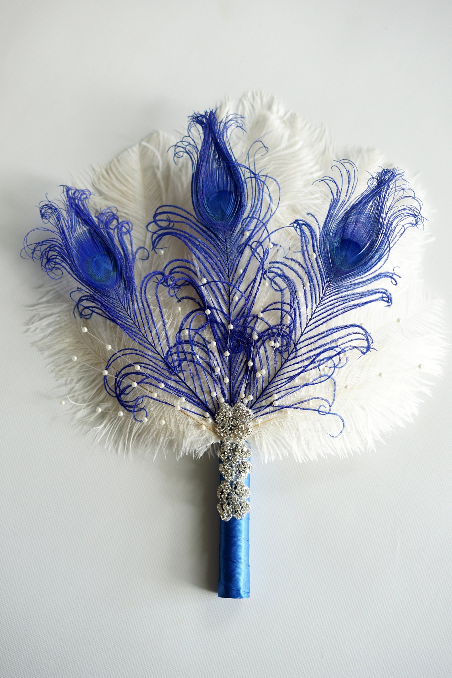 Royal Blue Pearls Bridal Feather Fan Ostrich Feather Fan | Etsy