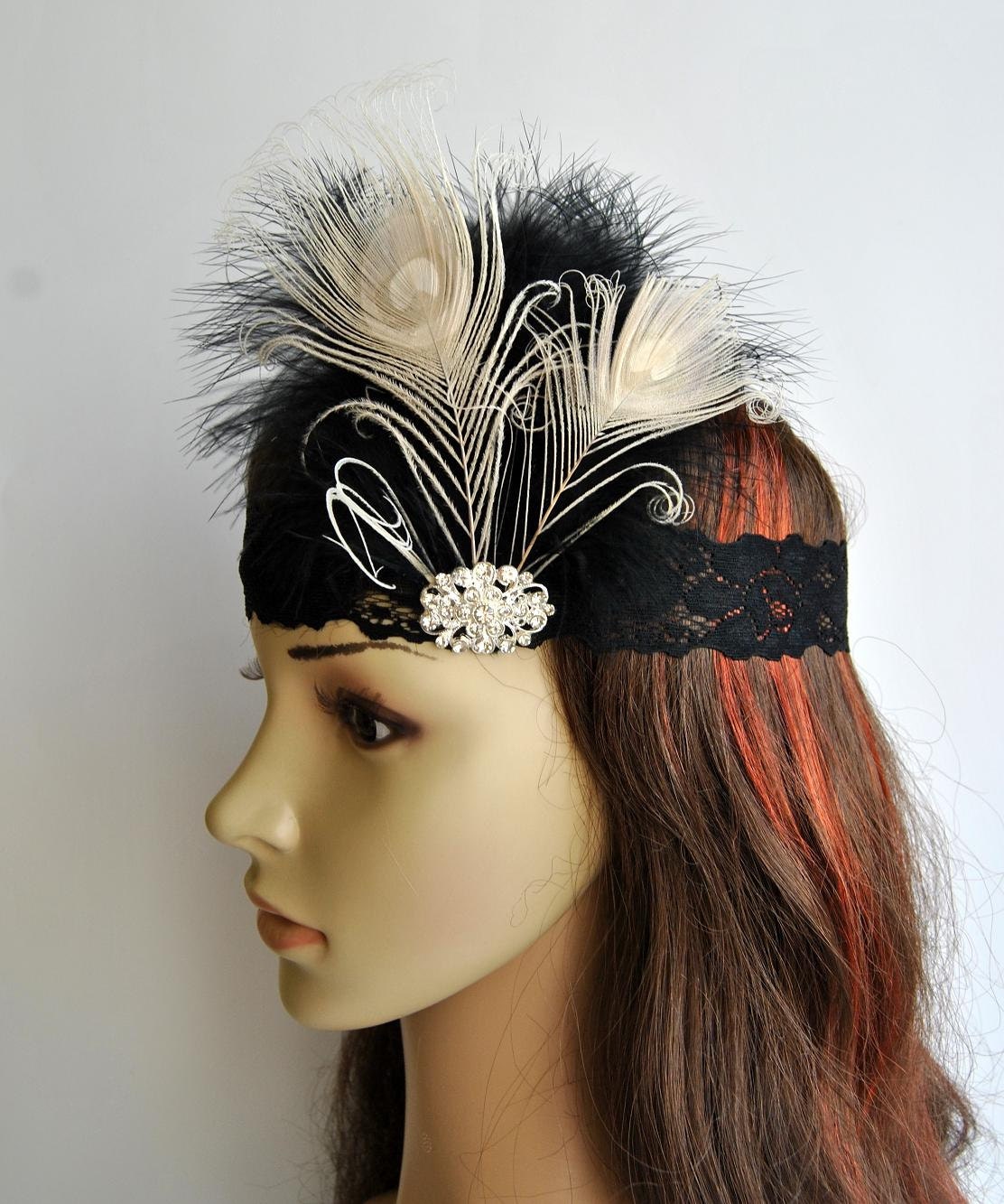 Flapper Lace Rhinestone Feather Headband the Great Gatsby - Etsy