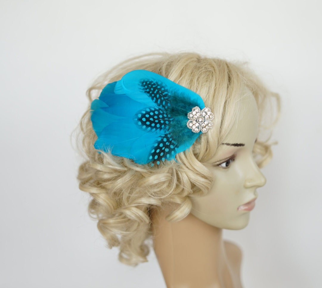 Blue Feather Hair Clip, Feather Fascinator Rhinestone Headpiece Hair ...
