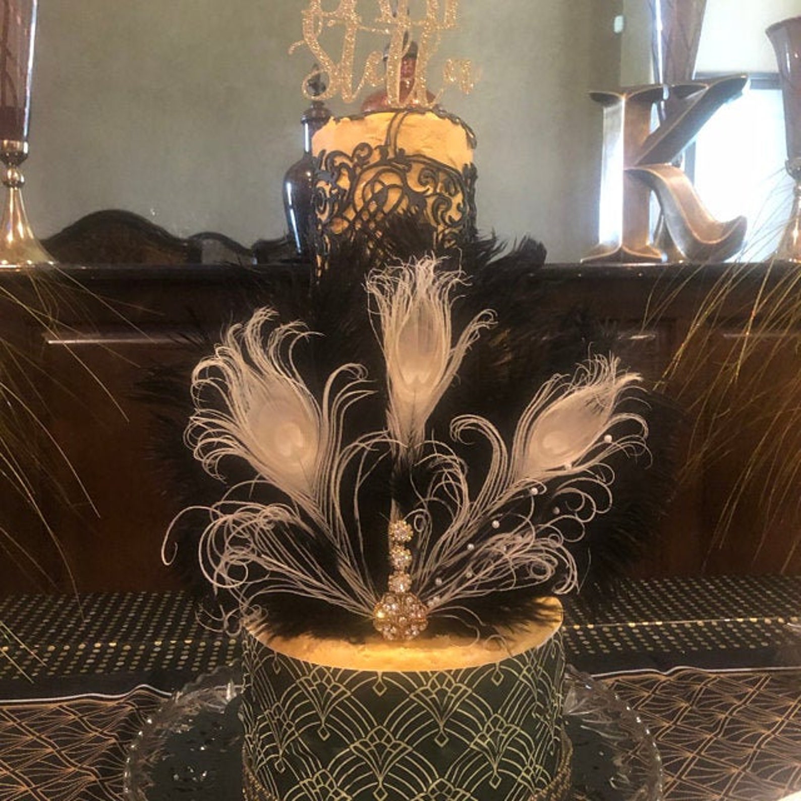 Feather Cake Topper Gatsby 1920s Wedding Cake Topper White | Etsy